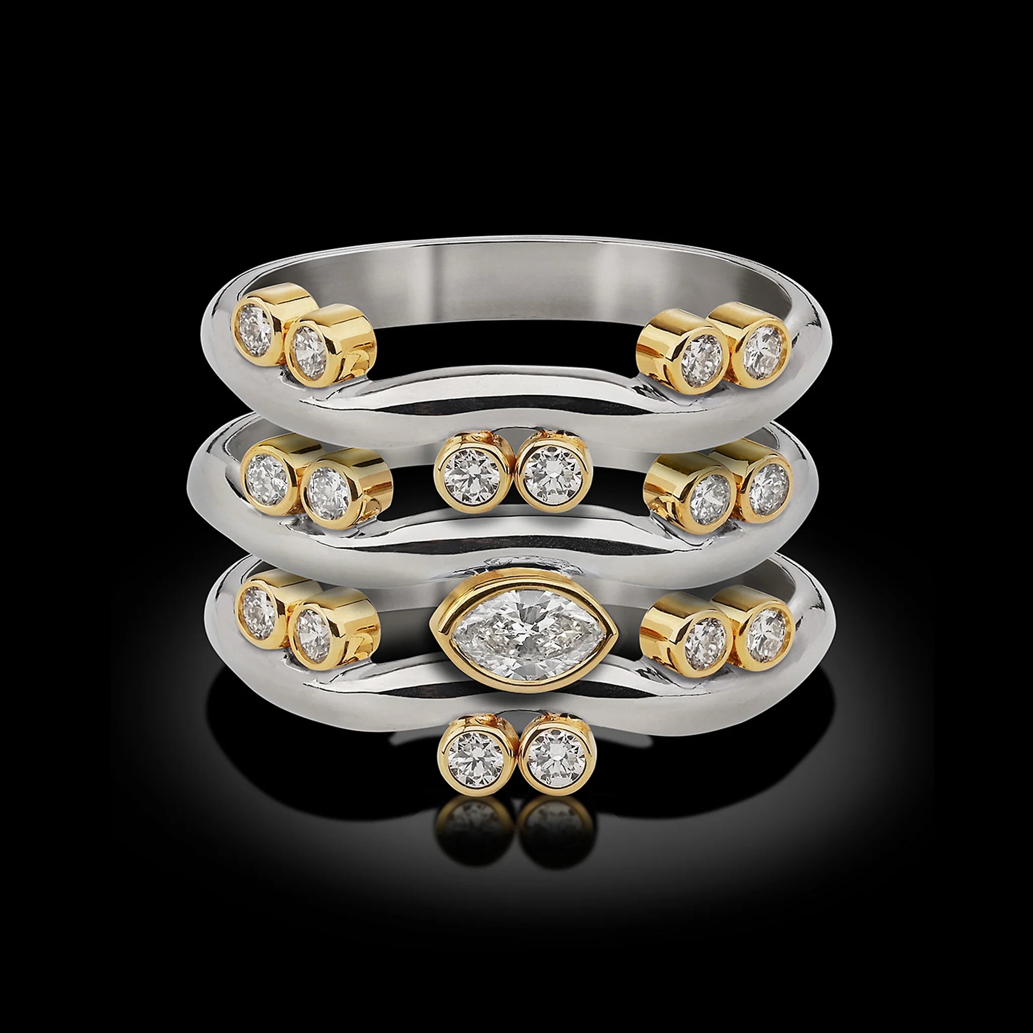 Wave Ring Stack Platinum with 18Karat Yellow Gold Diamond Accents ...
